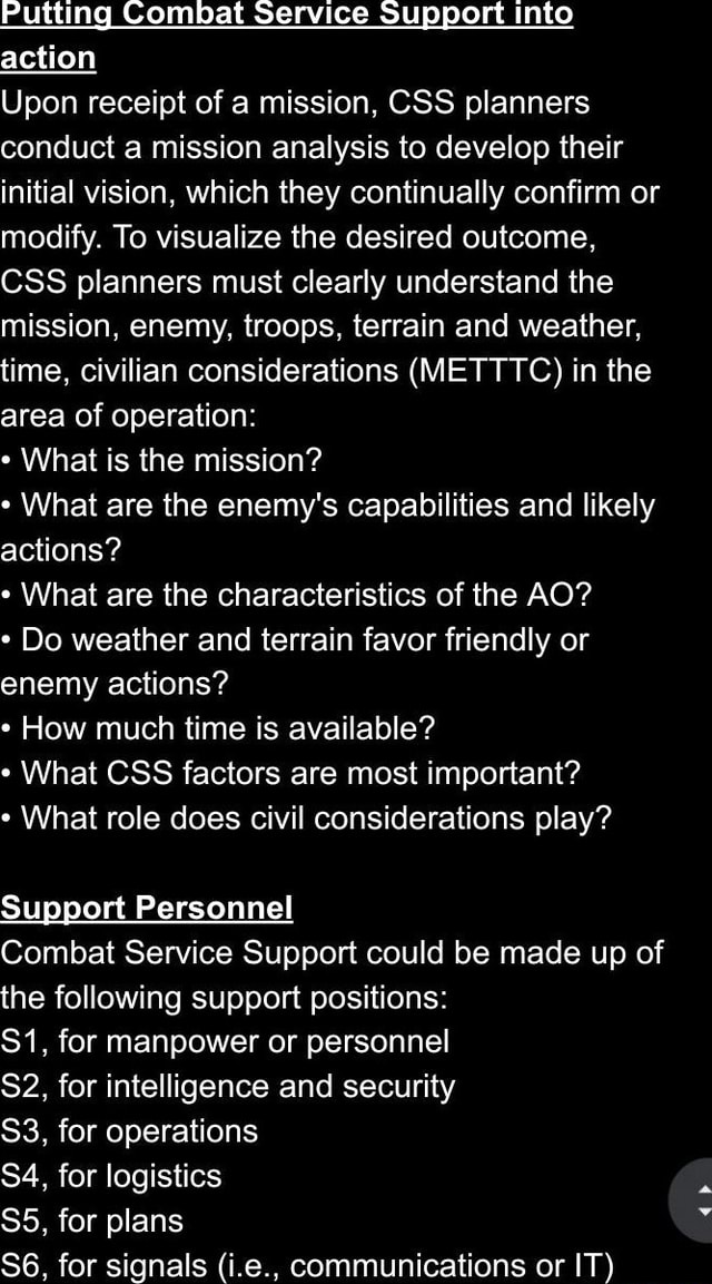 Putting Combat Service Support into action Upon receipt of a mission ...