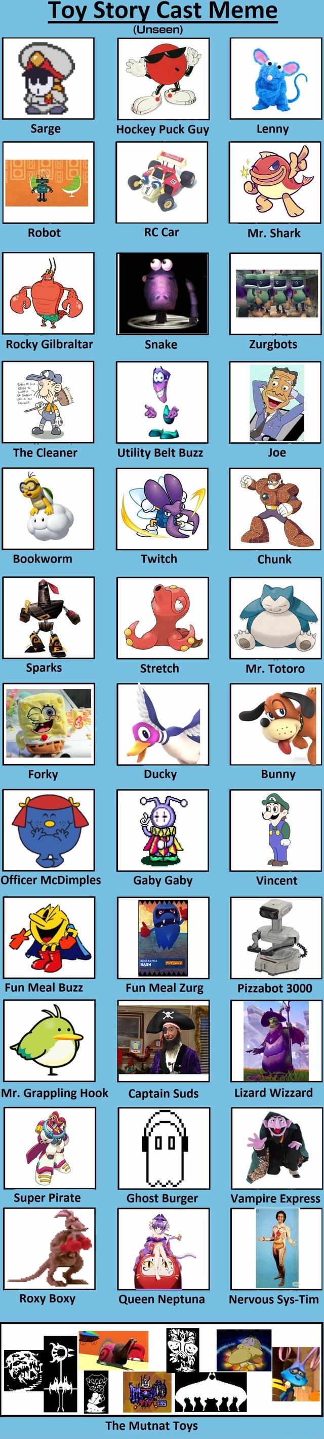 Toy Story Cast Meme (Unseen) Sarge Puck Guy Lenny RC Car Shark Rocky ...