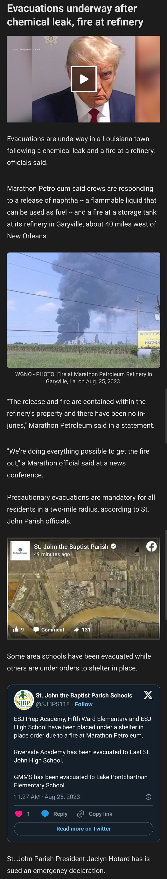 Evacuations underway after chemical leak, fire at refinery I ...