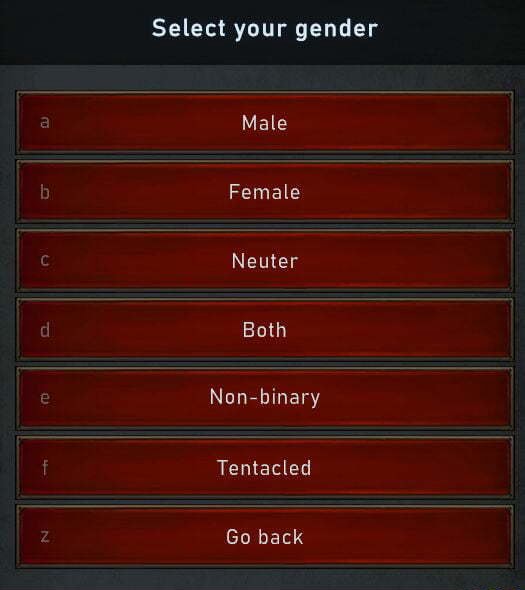 Select your gender Male Female Neuter Both Non binary Tentacled Go back ...