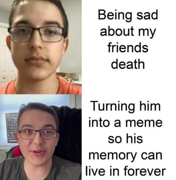 Being sad about my friends death Turning him into a meme so his memory ...