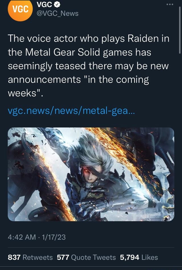 The voice actor who plays Raiden in the Metal Gear Solid games has ...