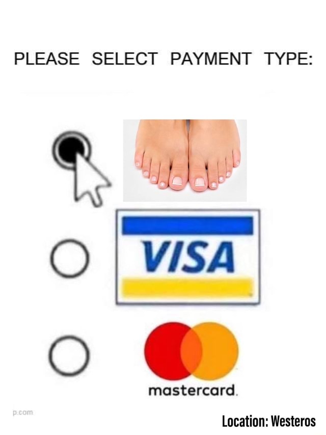 PLEASE SELECT PAYMENT TYPE: VI I VISA mastercard. Location: Westeros ...