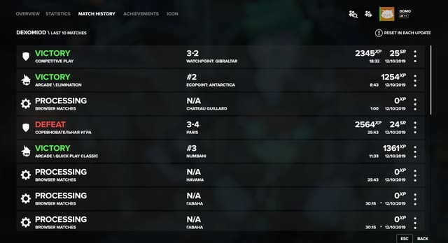 Overwatch profile concept - MATCH HISTORY % DEXOMIOD \ LasT 10 MATCHES ...
