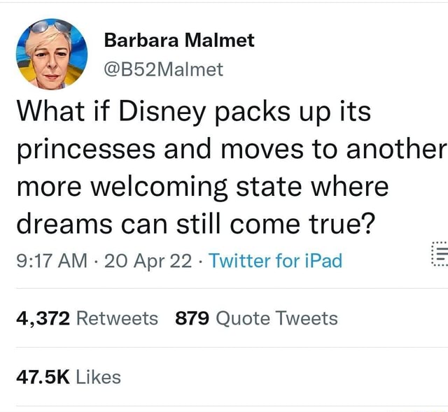 Barbara Malmet @B52Malmet What if Disney packs up its princesses and ...
