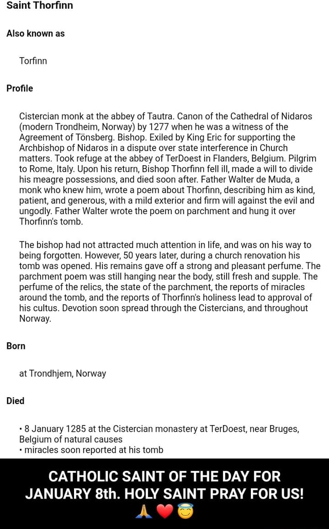 Saint Thorfinn Also known as Torfinn Profile Cistercian monk at the ...