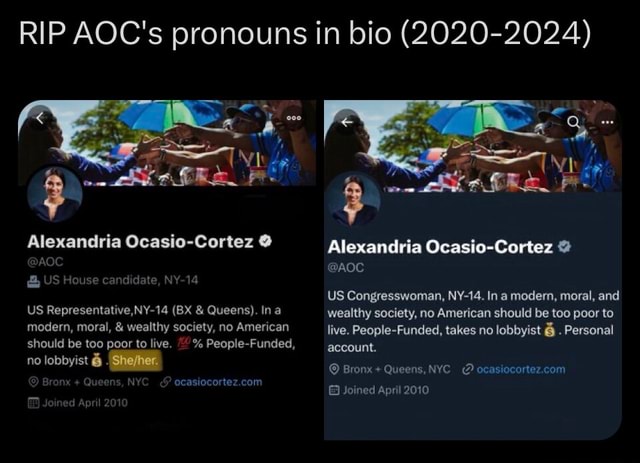 RIP AOC's pronouns in bio (2020-2024) Alexandria Ocasio-Cortez US House ...