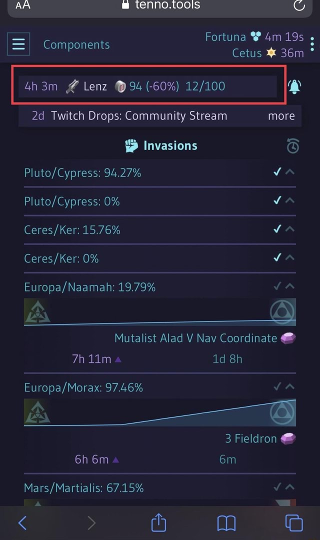Need help on understanding what this is. - AA tenno.tools Fortuna = Components Cetus 4h3m Lenz ...