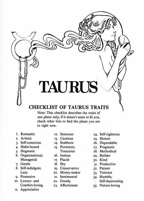 CHECKLIST OF TAURUS TRAITS Note: This checklist describes the traits of ...