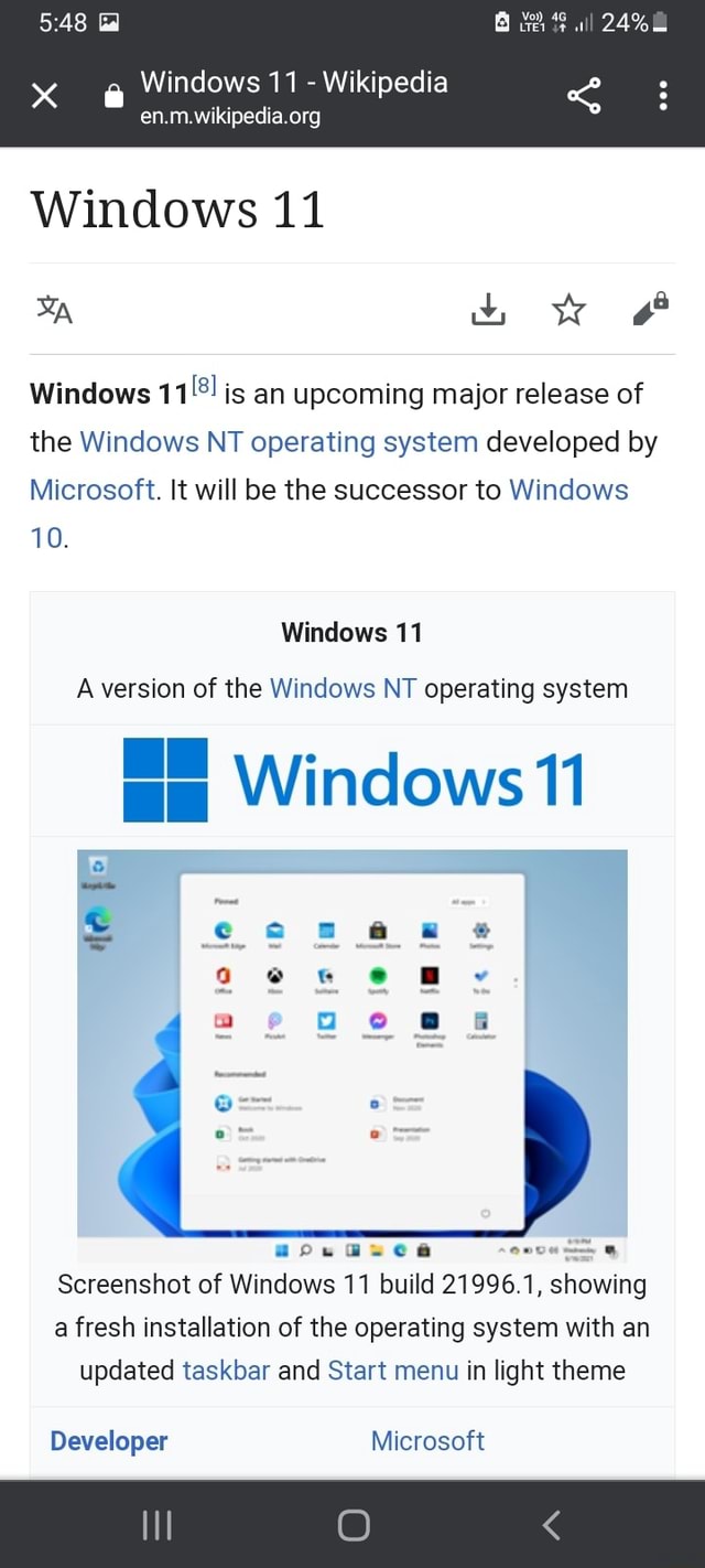 Windows 11 - Wikipedia en m wikipedia org Windows 11 &A ww Windows 11 ...