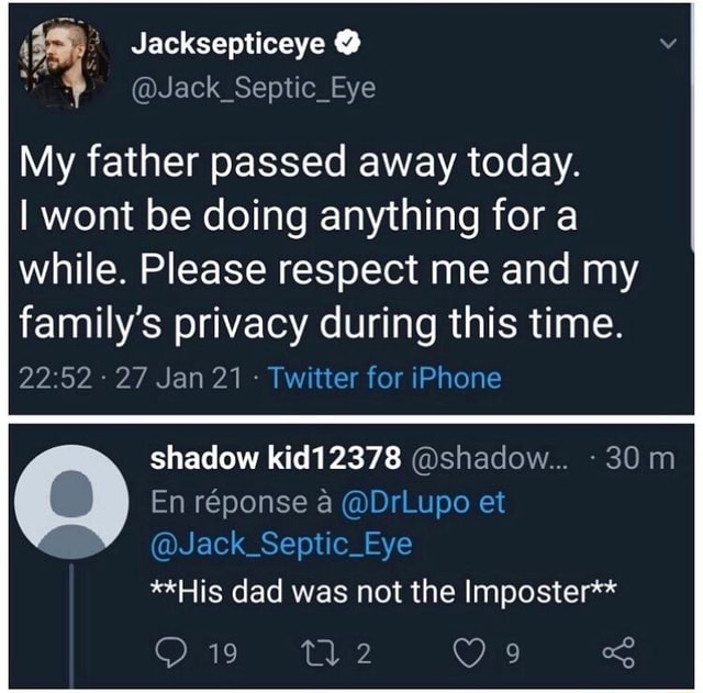 Jacksepticeye v Jack Septic Eye My father passed away today. I wont be ...
