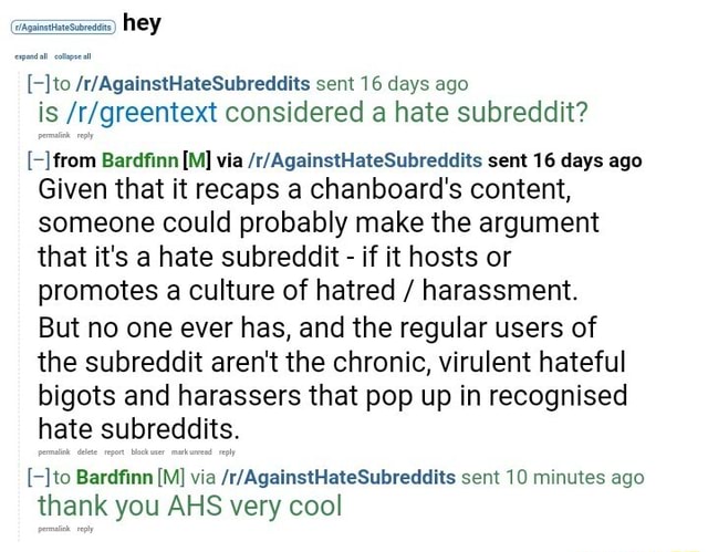 [-]to sent 16 days ago is considered a hate subreddit? from Bardfinn [M ...