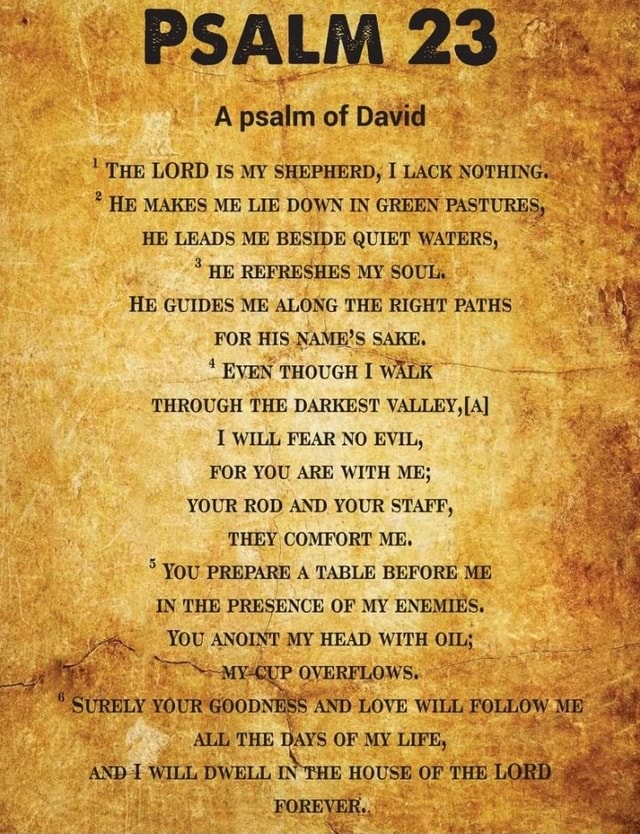 PSALM 23 A psalm of David THE LORD Is MY SHEPHERD, I LACK NOTHING. * HE ...