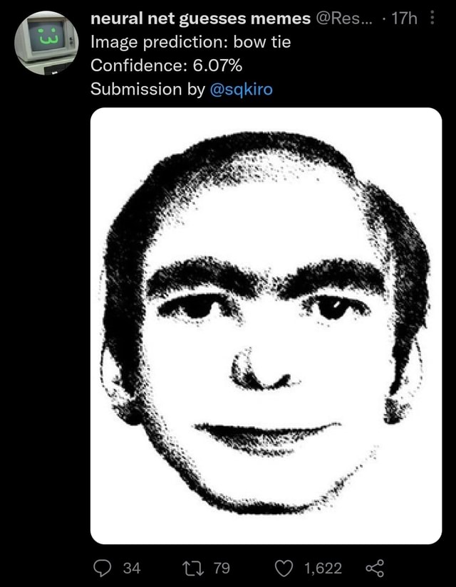 Neural net guesses memes @Res... Image prediction: bow tie Confidence ...