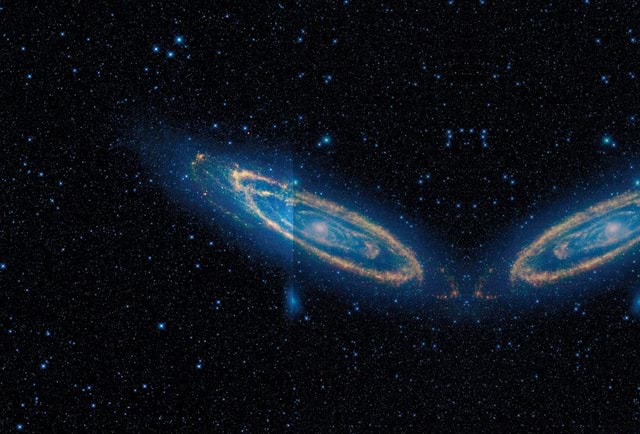 Wide-field infrared image of the Andromeda galaxy. Overlaid with a ...