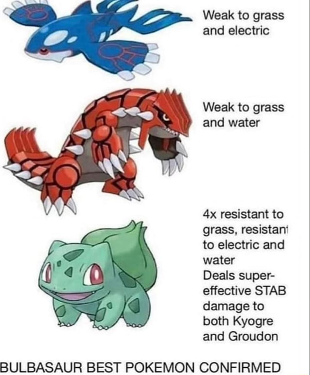 Weak to grass and electric Weak to grass and water resistant to grass ...