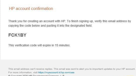 HP account confirmation 'Thank you for creating an account with HP. To ...