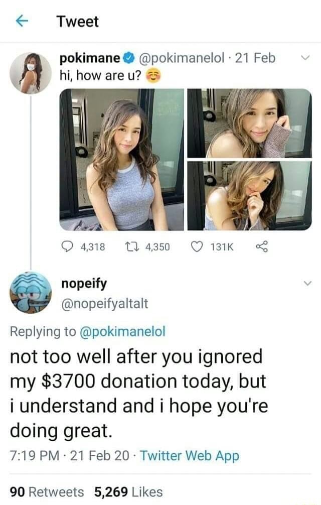 Pokimane @pokimanelol 21 Feb Replying to @pokimanelol not too well ...