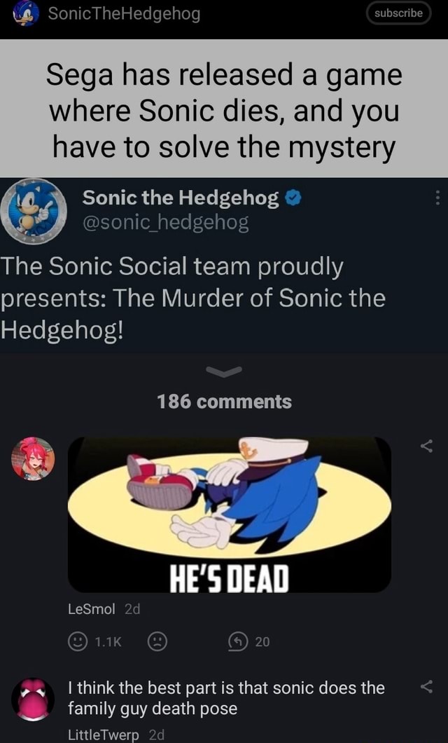 SonicTheHedgehog subscribe Sega has released a game where Sonic dies ...
