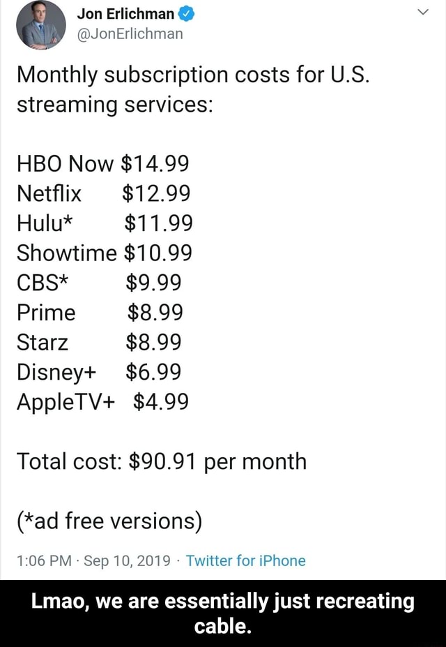 Monthly subscription costs for U.S. streaming services: HBO NOW $14.99 ...