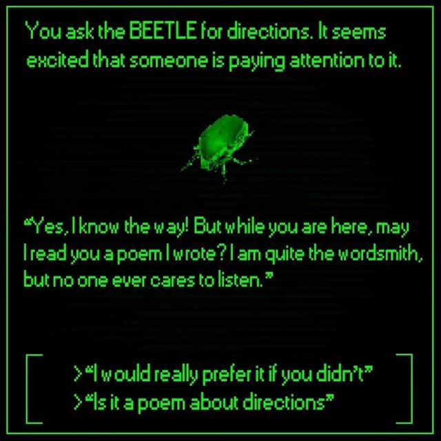 You ask the BEETLE for directions. It seems excited that someone is ...