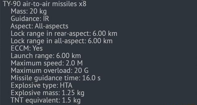 TY-90 air-to-air missiles Mass: 20 kg Guidance: IR Aspect: All-aspects ...