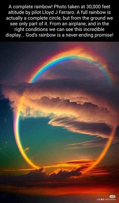 A complete rainbow! Photo taken at 30,000 feet altitude by pilot Lloyd ...