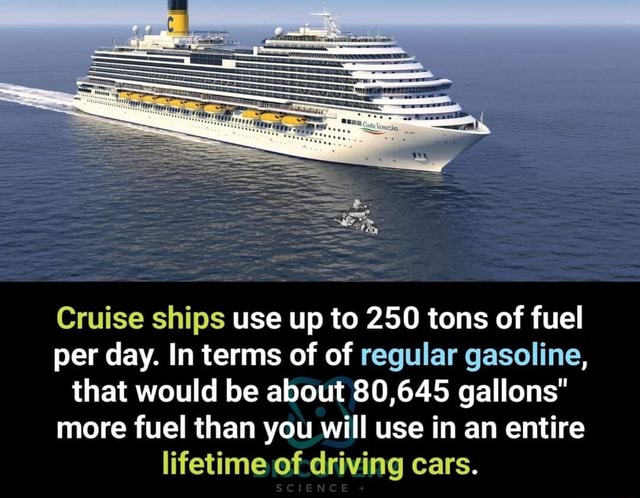 Cruise ships use up to 250 tons of fuel per day. In terms of of regular ...