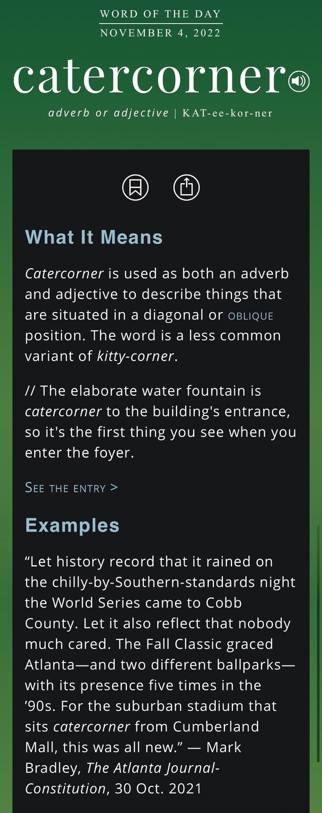WORD OF THE DAY NOVEMBER 4, 2022 catercornere adverb or adjective I KAT ...