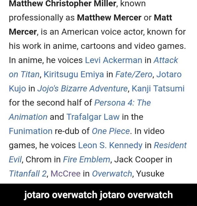 Matthew Christopher Miller, known professionally as Matthew Mercer or ...