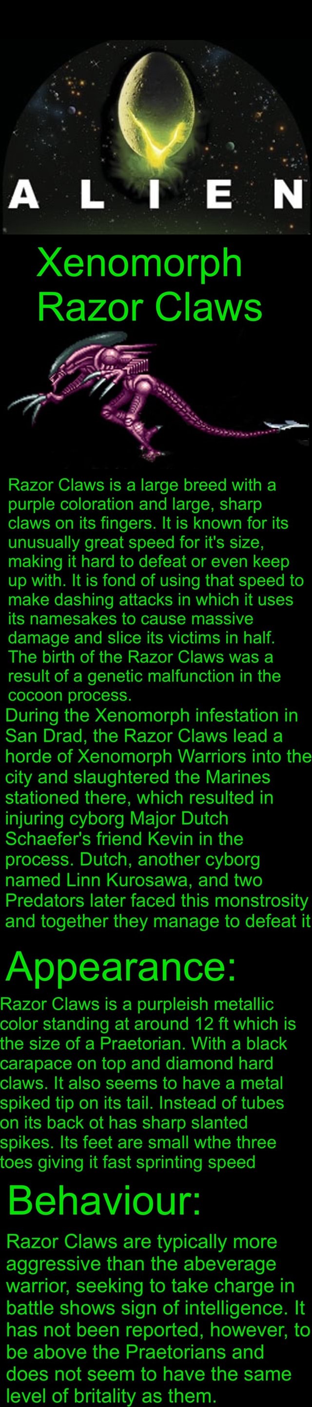 Xenomorph . Razor Claws is a large breed with a purple coloration and ...