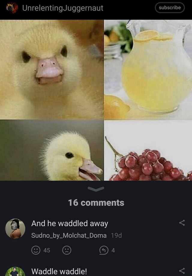 UnrelentingJuggernaut subscribe 16 comments And he waddled away Sudno ...