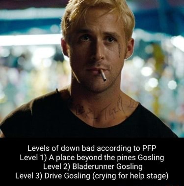Levels of down bad according to PFP Level 1) A place beyond the pines ...