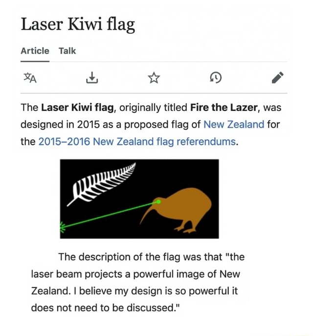 Laser Kiwi flag Article Talk The Laser Kiwi flag, originally titled ...