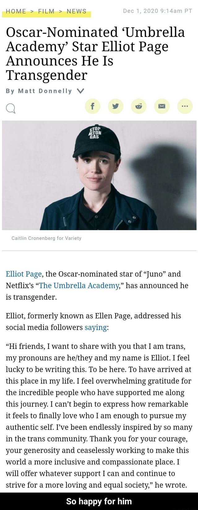 HOME FILM NEWS Oscar-Nominated 'Umbrella Academy' Star Elliot Page ...