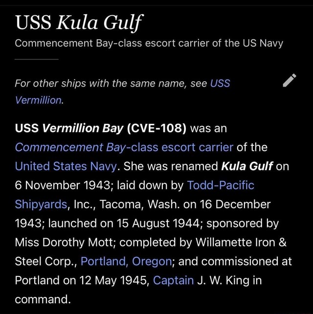 USS Kula Gulf Commencement Bay-class escort carrier of the US Navy For ...