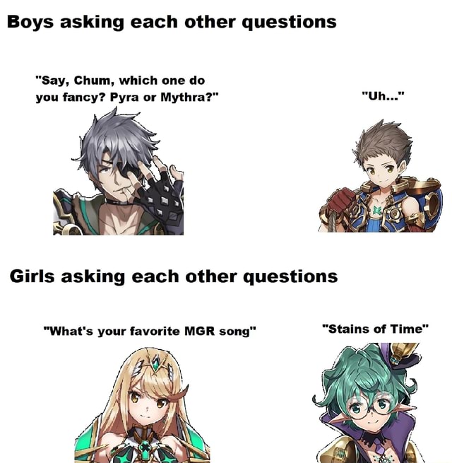 Boys asking each other questions "Say, Chum, which one do you fancy ...