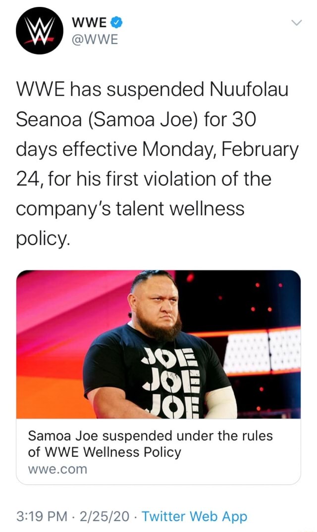 WWE has suspended Nuufolau Seanoa (Samoa Joe) for 30 days effective ...