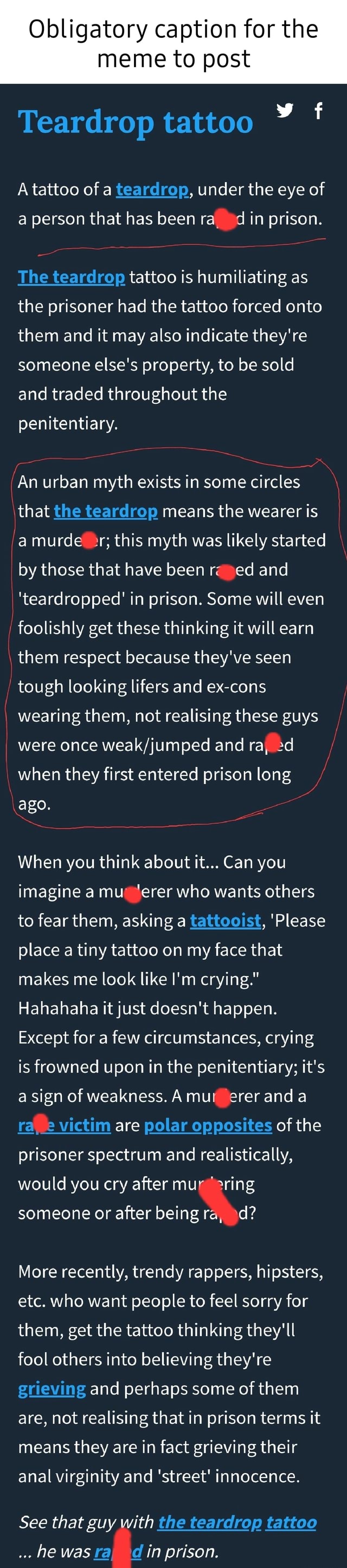 Obligatory caption for the meme to post Teardrop tattoo ' A tattoo of a ...