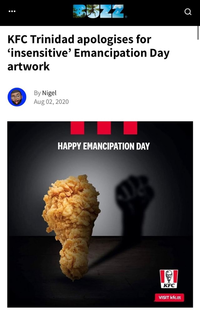 KFC Trinidad apologises for 'insensitive' Emancipation Day artwork By ...