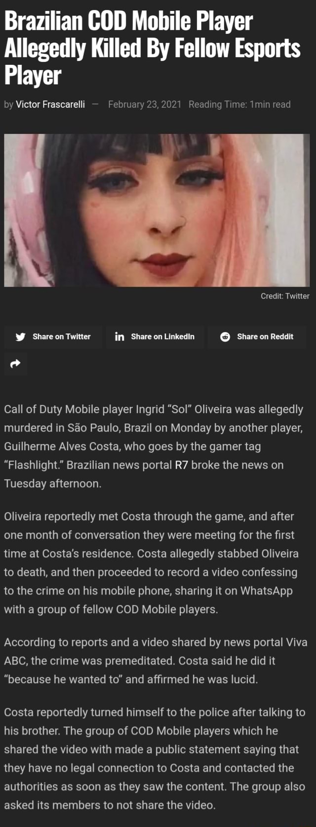 Brazilian COD Mobile Player Allegedly Killed By Fellow Esports Player ...