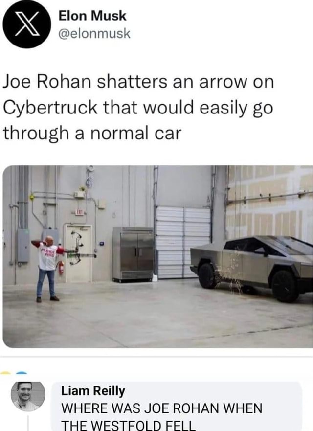 Joe Rohan shatters an arrow on Cybertruck that would easily go through ...