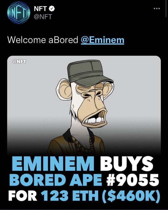 Fy wre Welcome aBored @Eminem EMINEM BUYS BORED APE #9055 FOR 123 ETH ...