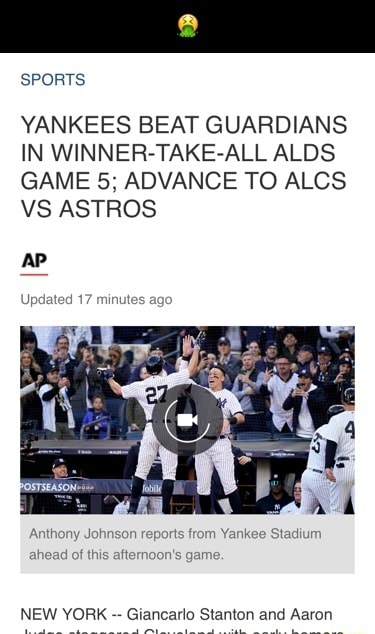 SPORTS YANKEES BEAT GUARDIANS IN WINNER-TAKE-ALL ALDS GAME 5; ADVANCE ...