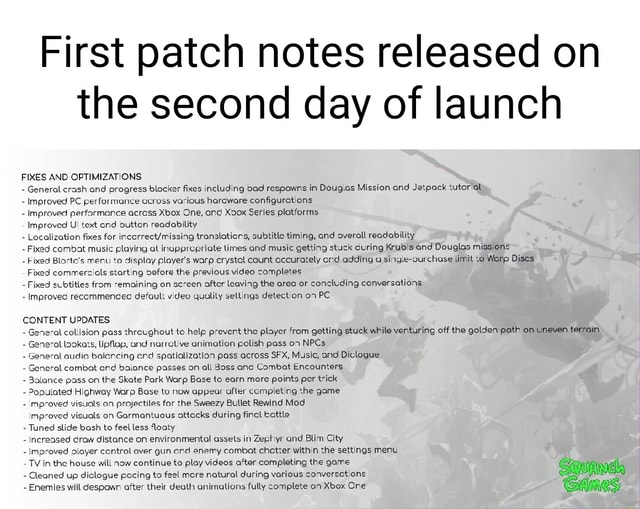 First patch notes released on the second day of launch FIXES AND ...