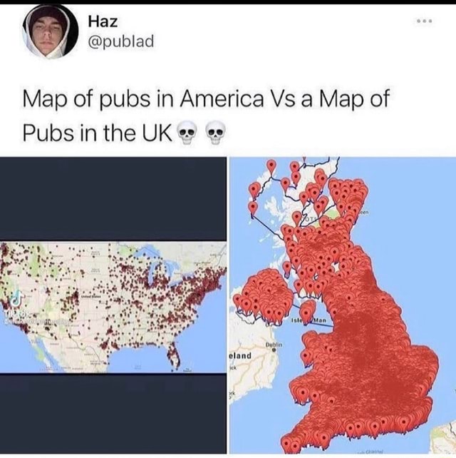 Map of pubs in America Vs a Map of Pubs in the UK - iFunny