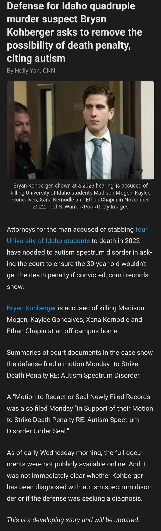 Defense for Idaho quadruple murder suspect Bryan Kohberger asks to remove the possibility of ...