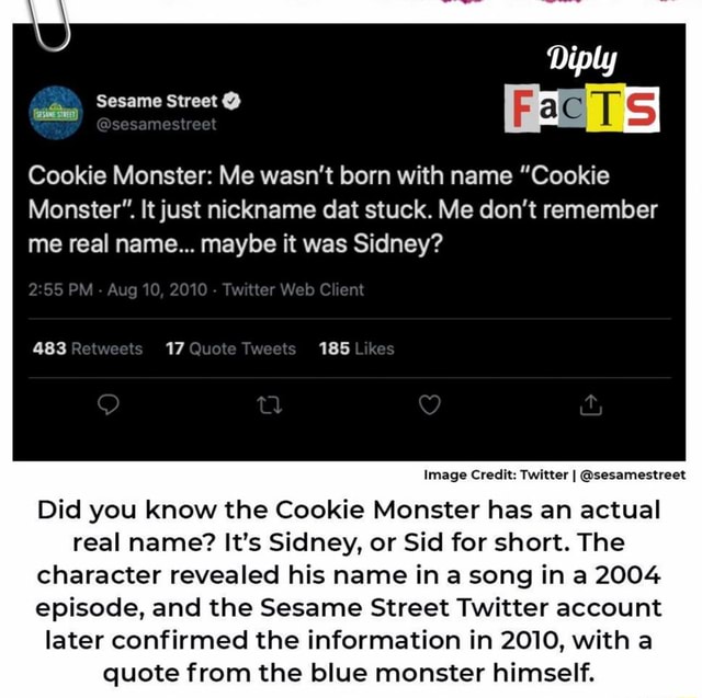 Diply Sesame Street @ Cookie Monster: Me wasn't born with name "Cookie ...