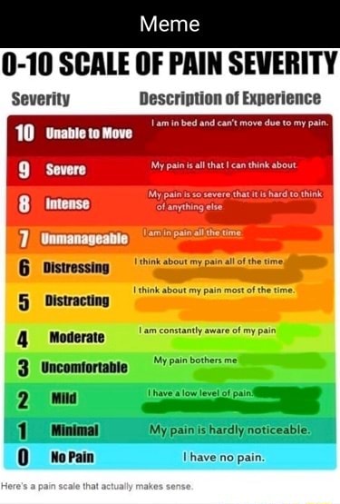 Meme 0-10 SCALE OF PAIN SEVERITY lam in bed and can't move due to my ...