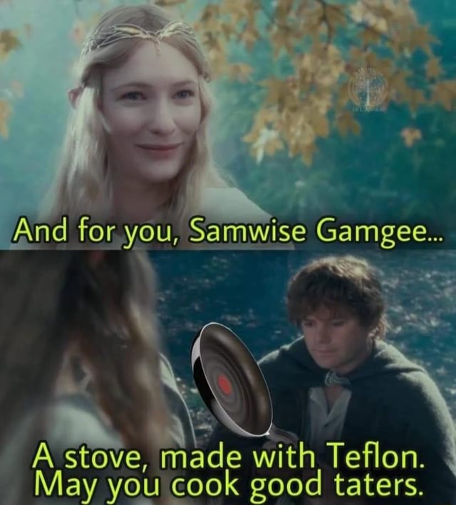 Arid for you, Samwise Gamgee... A stove, made wi Teflon. Ma you cook ...